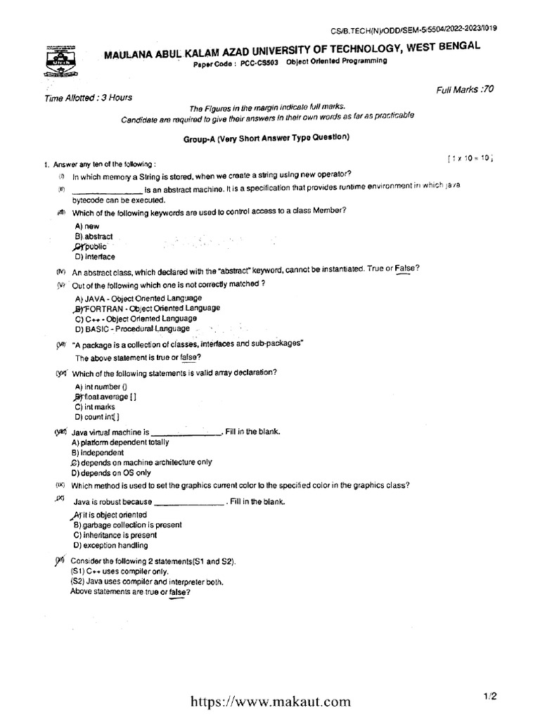 Btech PCC Cse 5 Sem Object Oriented Programming PCC Cs503 2023 | PDF