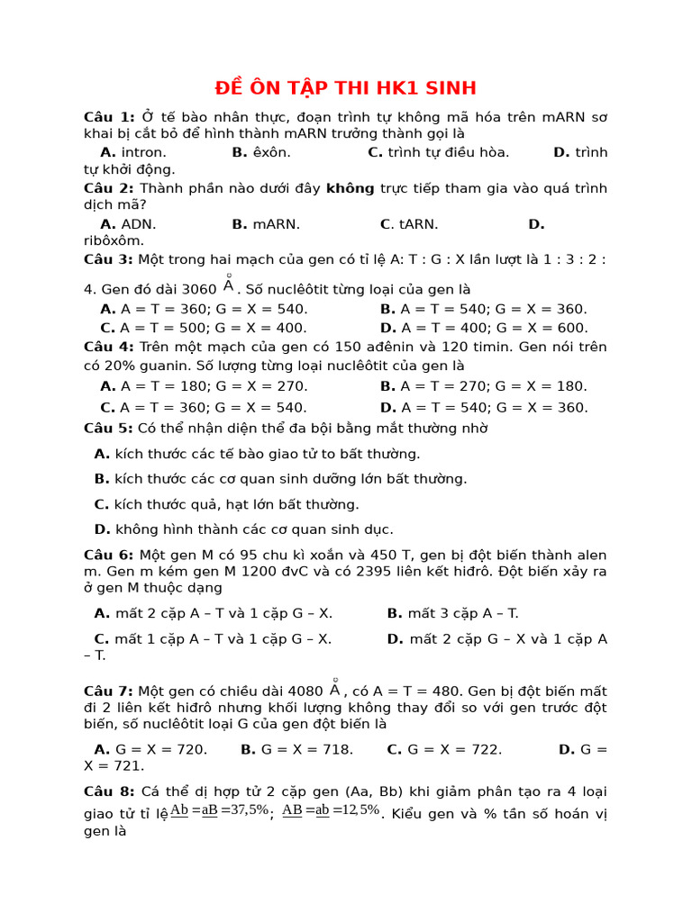 Đề Ôn Tập Thi Hk1 Sinh | PDF