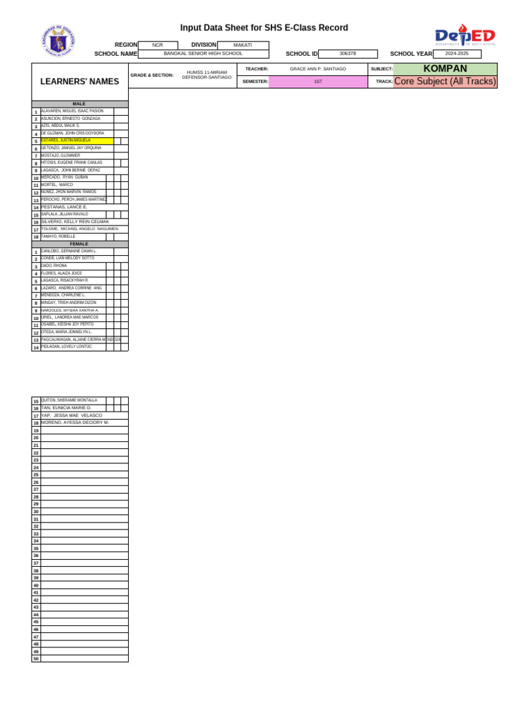 Sample Template Class Record Pdf