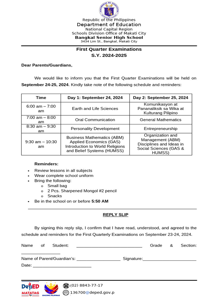 BSHS Reply Slip For Q1 Exams Sy 2024 2025 | PDF
