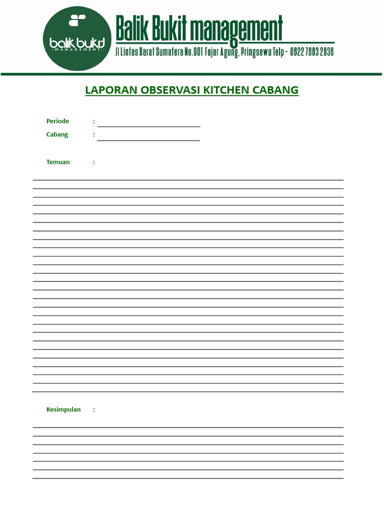 Laporan Kerja Chef Kitchen Cabang | PDF