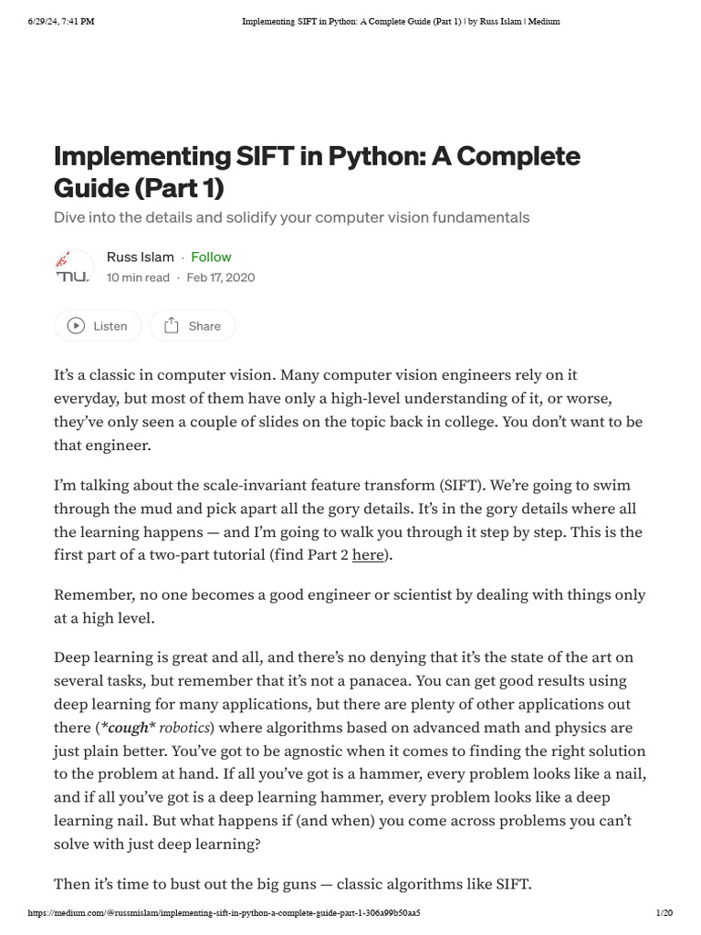 Implementing SIFT in Python - A Complete Guide (Part 1) - by Russ Islam - Medium | PDF