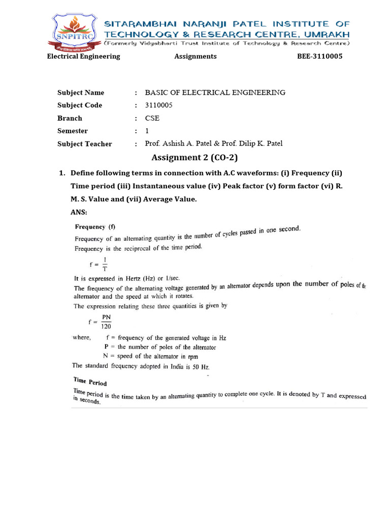 BEE Assignment 2 With Solutions | PDF | Root Mean Square | Teaching ...