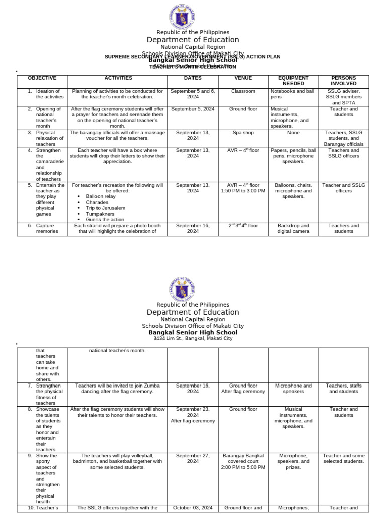 Action Plan - Teacher's Month Celebration | PDF