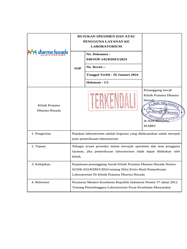 Sop Rujukan Laboratorium | PDF