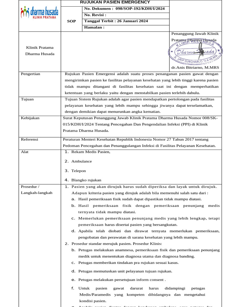 Sop Rujukan Pasien Emergency | PDF