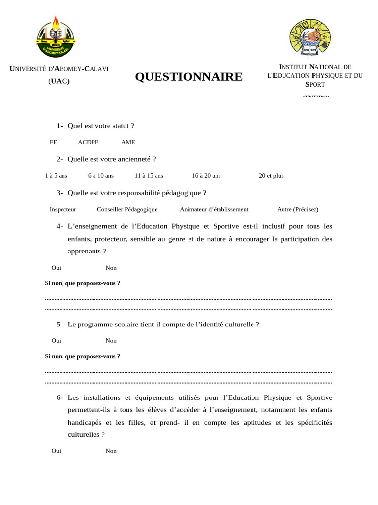 Questionnaire Enseignants | PDF