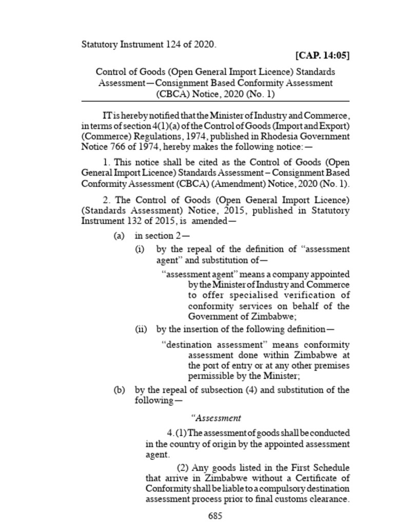 SI 2020-124 Control of Goods (Open General Import Licence) Standards Assessment-Consignment ...