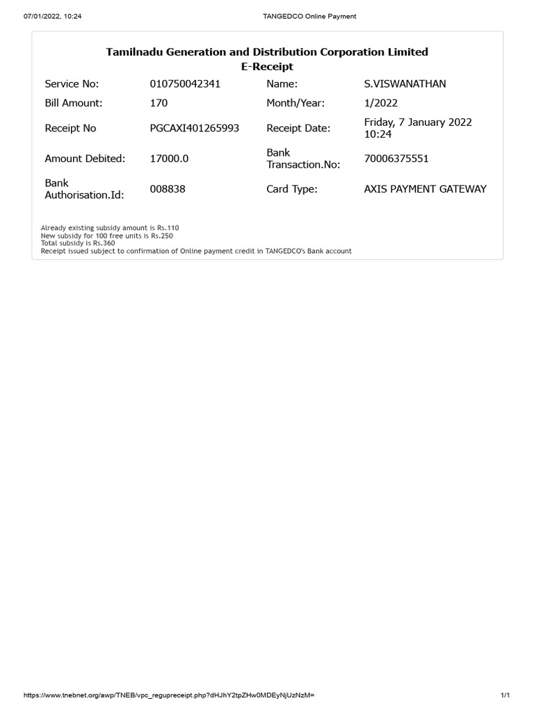 TANGEDCO Online Payment Jan 2022 | PDF