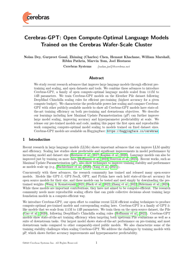 Cerebras-GPT: Open Compute-Optimal Language Models Trained On The Cerebras Wafer-Scale Cluster | PDF