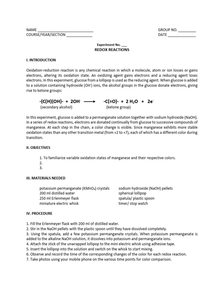 Experiment Redox Reactions Lollipop | PDF