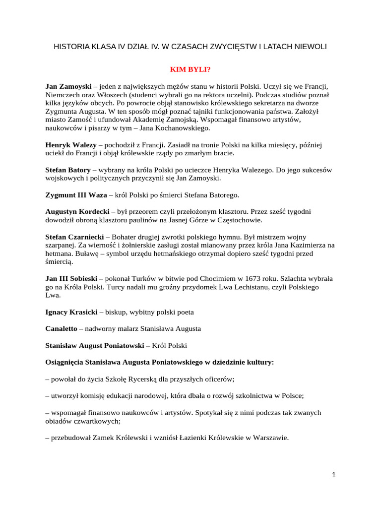 Historia Klasa IV Dział IV | PDF