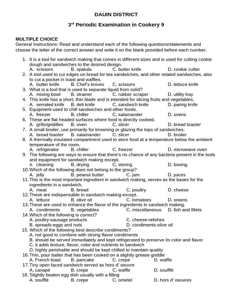 Cookery9 Quarter3 Periodic-Examination | PDF
