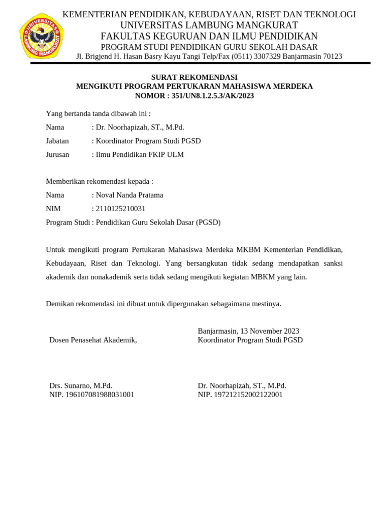 SURAT REKOMENDASI PMM PGSD FKIP ULM Noval | PDF