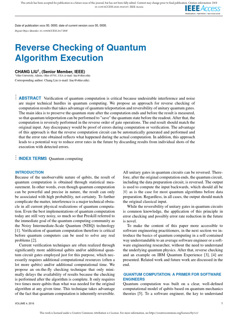 Reverse Checking of Quantum Algorithm Execution | PDF