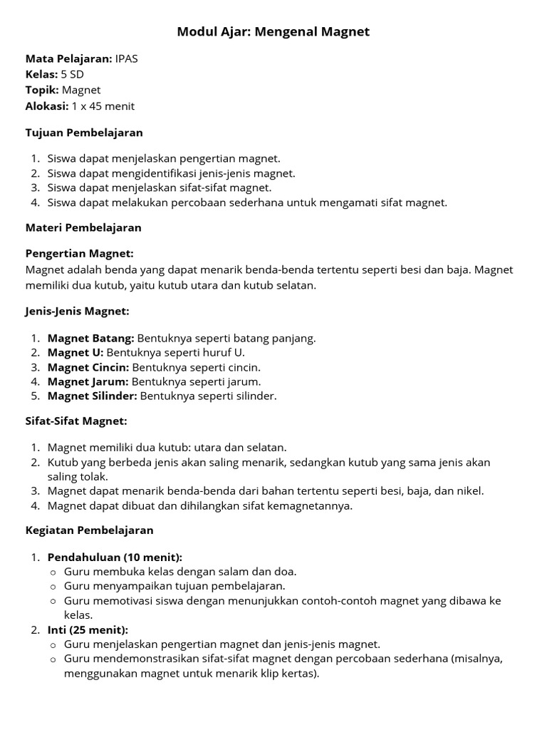 Modul Ajar Kelas 5 Materi Magnet - 20240912 - 170951 - 0000 | PDF