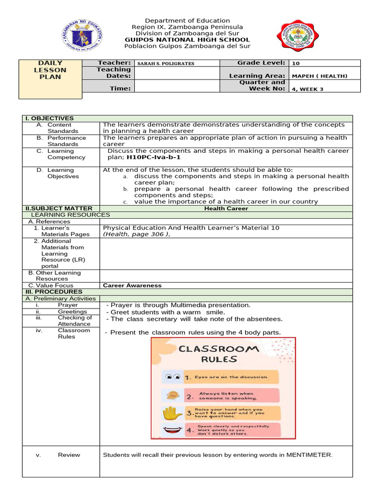 Lesson-plan-4as, Health Career q4 | PDF