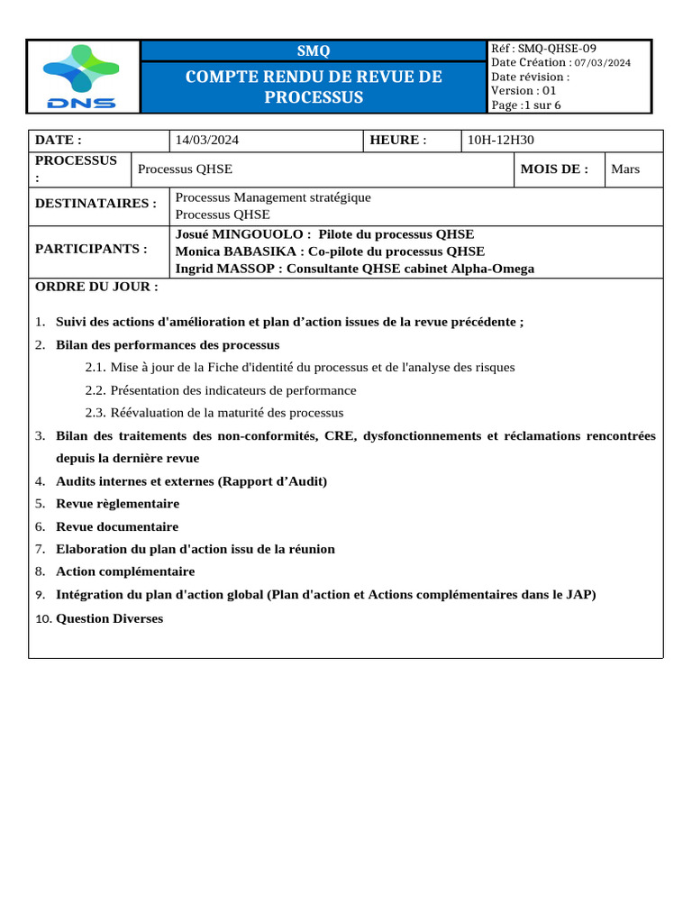 CR Revue de Processus QHSE Mars | PDF