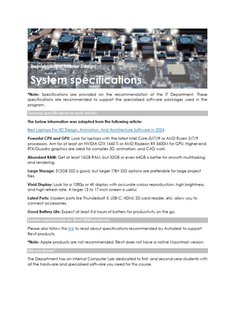 Software and Hardware Specifications For Interior Design | PDF