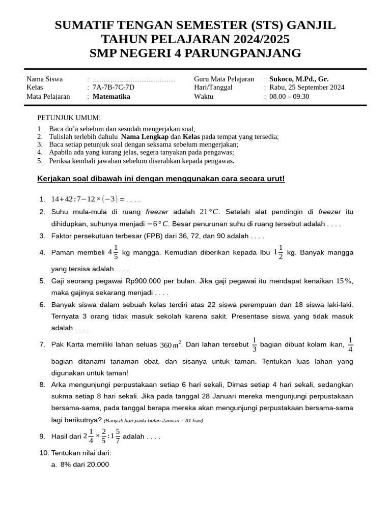 Sts Ganjil - Matematika Kelas 7 | PDF