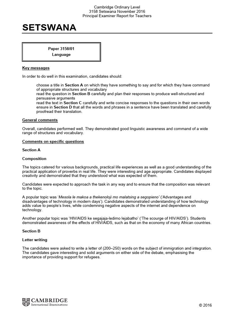 Setswana: Paper 3158/01 Language | PDF