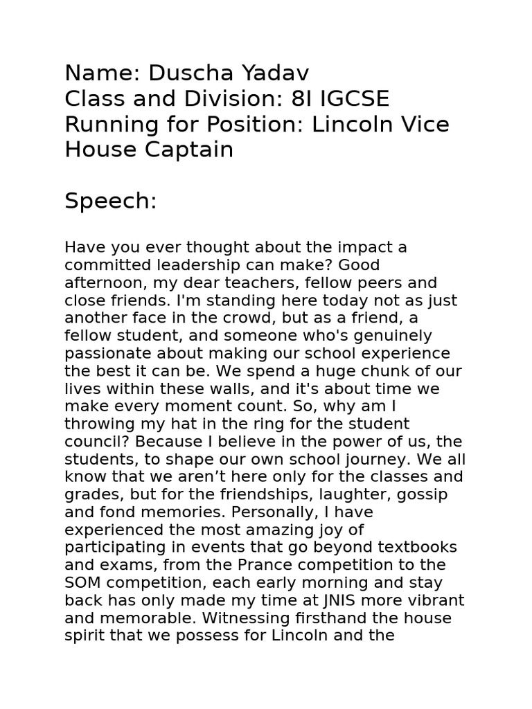 Name: Duscha Yadav Class and Division: 8I IGCSE Running For Position ...
