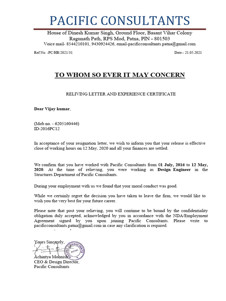 Relieving Letter and Experience Certificate Vijay Kumar | PDF
