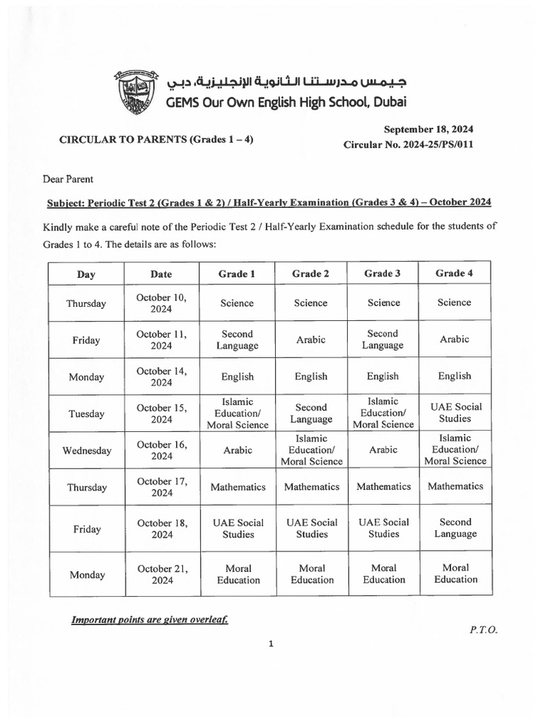 Circular To Parents (Grades 1 - 4) Periodic Test 2 (Grades 1 &2) Half ...