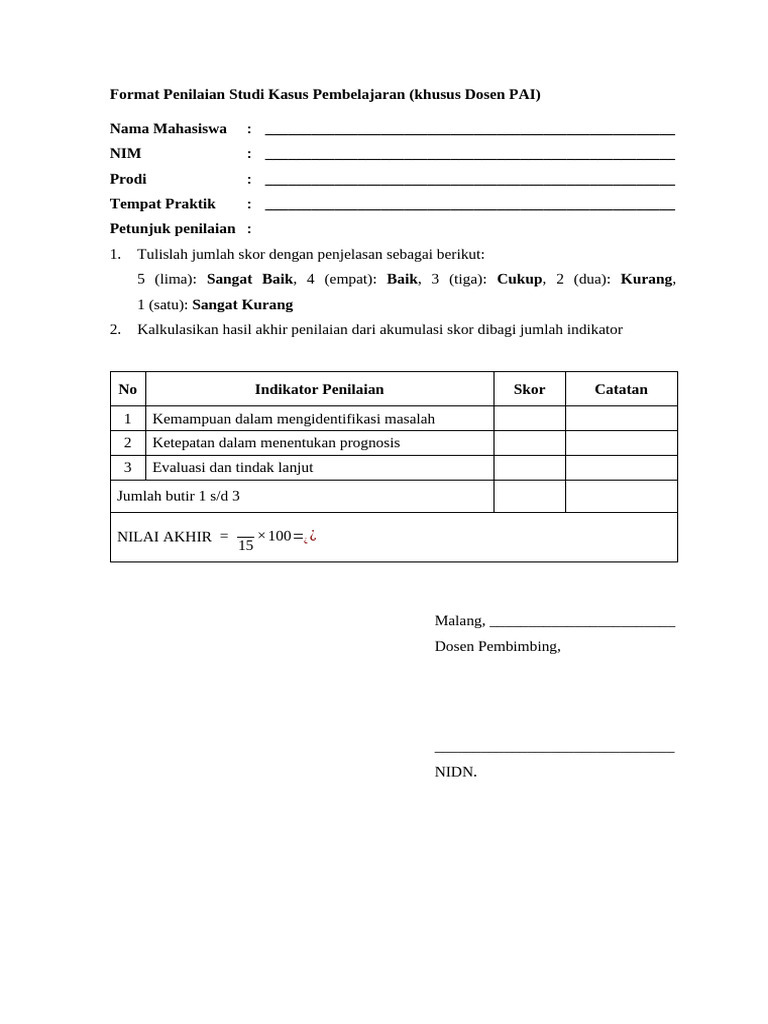 Lampiran 8 - Format Penilaian Studi Kasus Pembelajaran | PDF