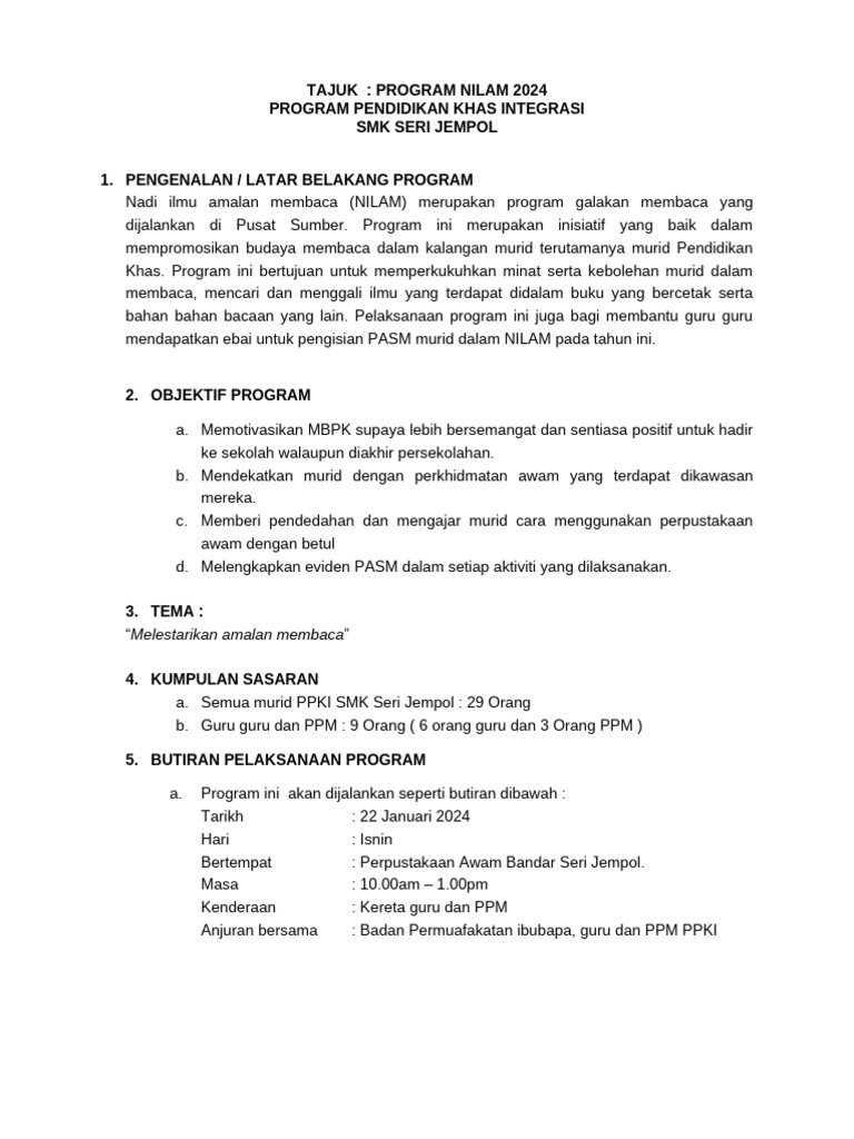 KERTAS KERJA PROGRAM NILAM | PDF