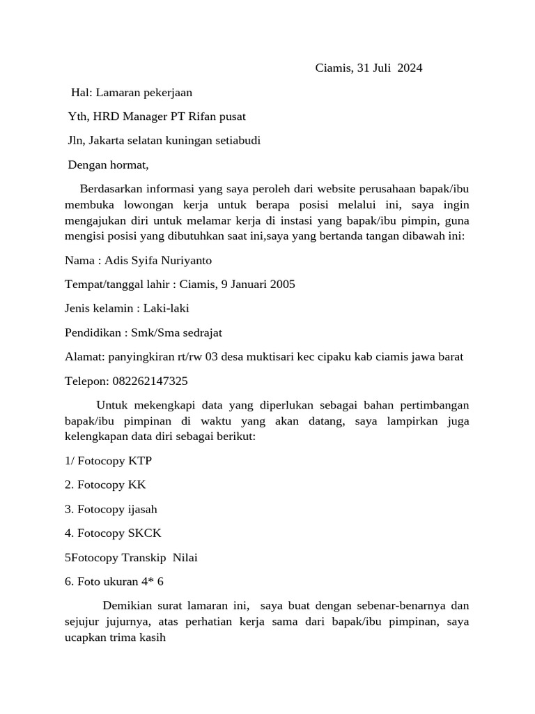 surat lamaran adis | PDF