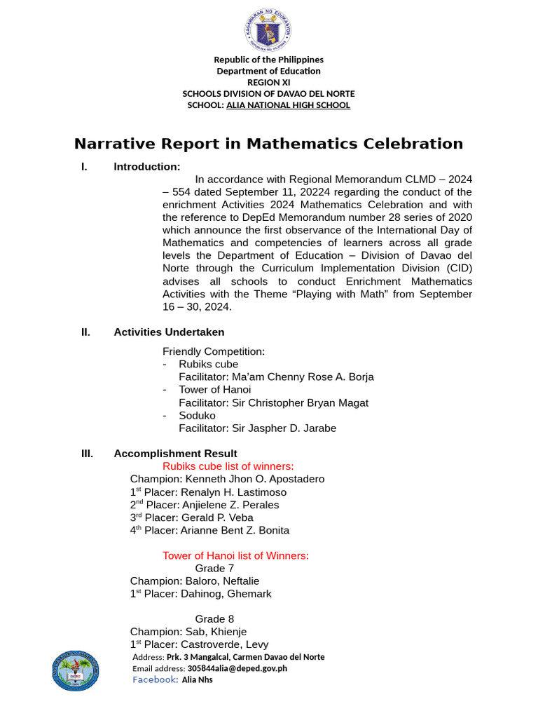 Narrative Report in Mathematics Celebration | PDF