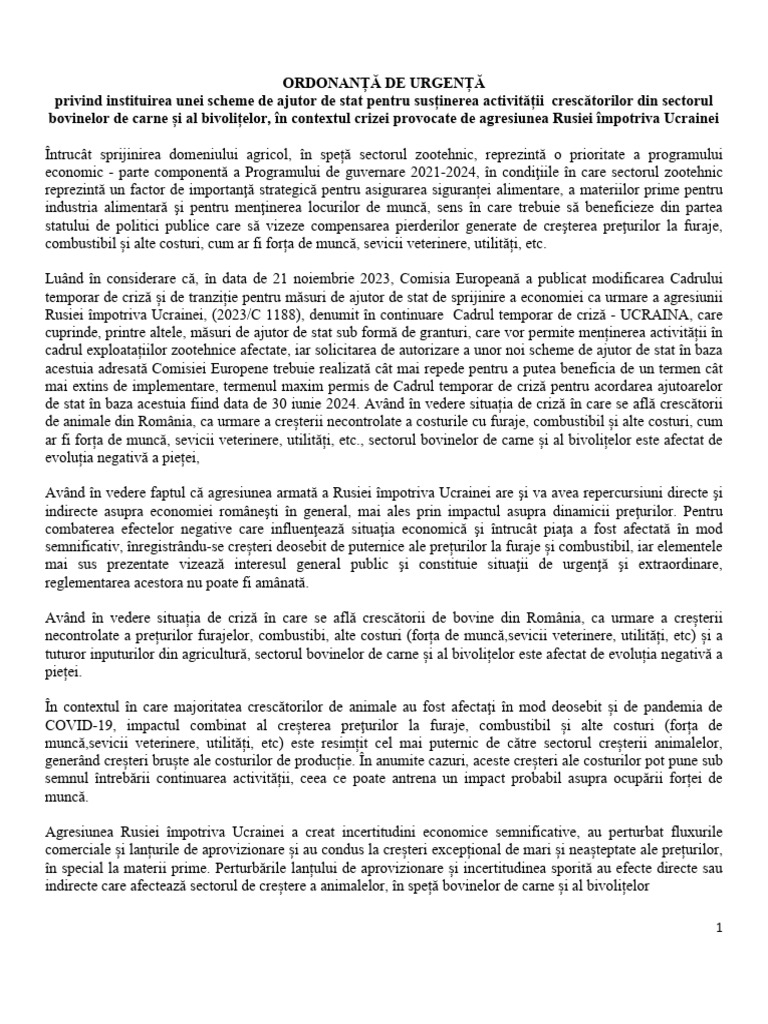 Proiect OUG Taurine Carne Si Bivolite Prelungire Cadru Ucraina | PDF