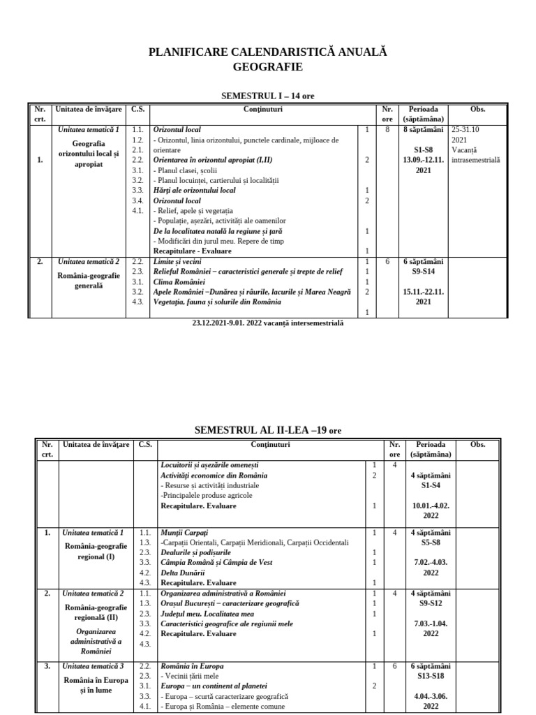 Planificare Geografie IV | PDF