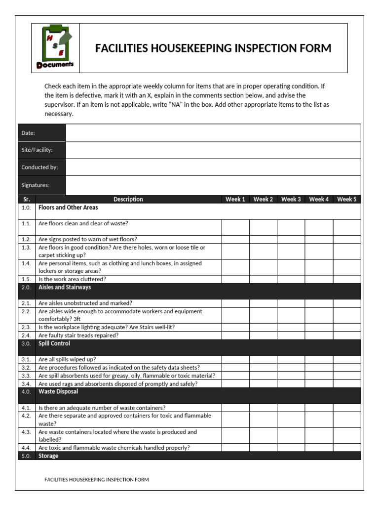 Facilities Housekeeping Inspection Form | PDF
