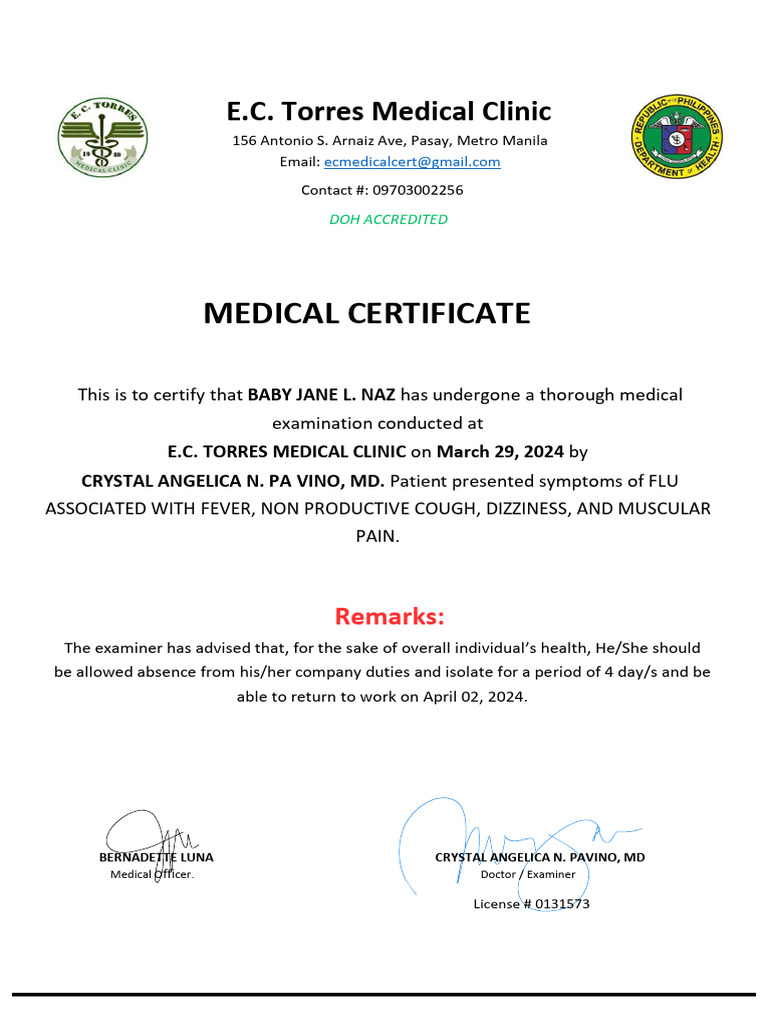 Medical Certificate - FLU | PDF | Science & Mathematics