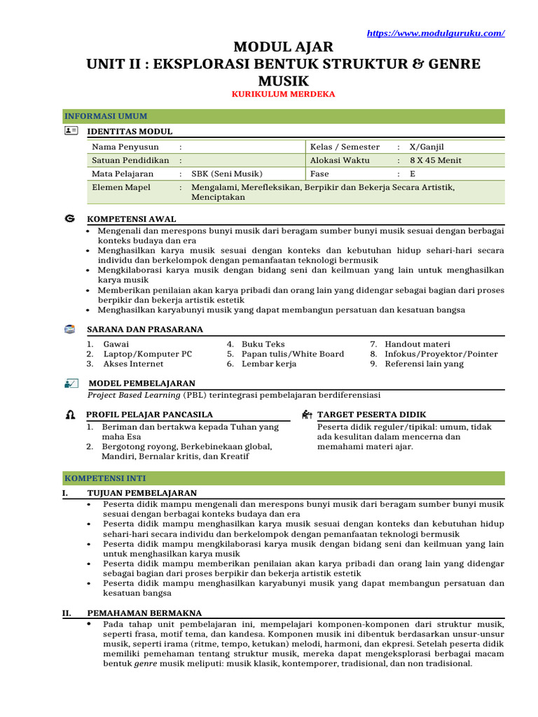 Modul Ajar Seni Musik Kelas 10 Fase E Unit 2 | PDF