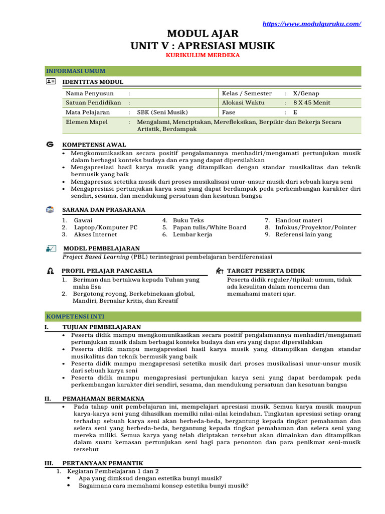 Modul Ajar Seni Musik Kelas 10 Fase E Unit 5 | PDF