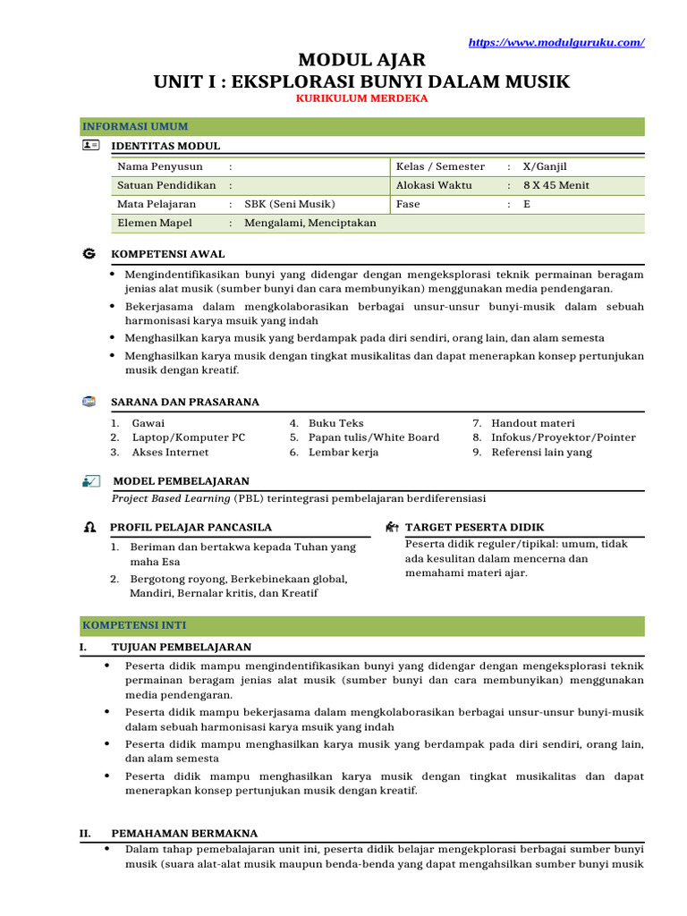 Modul Ajar Seni Musik Kelas 10 Fase E Unit 1 | PDF
