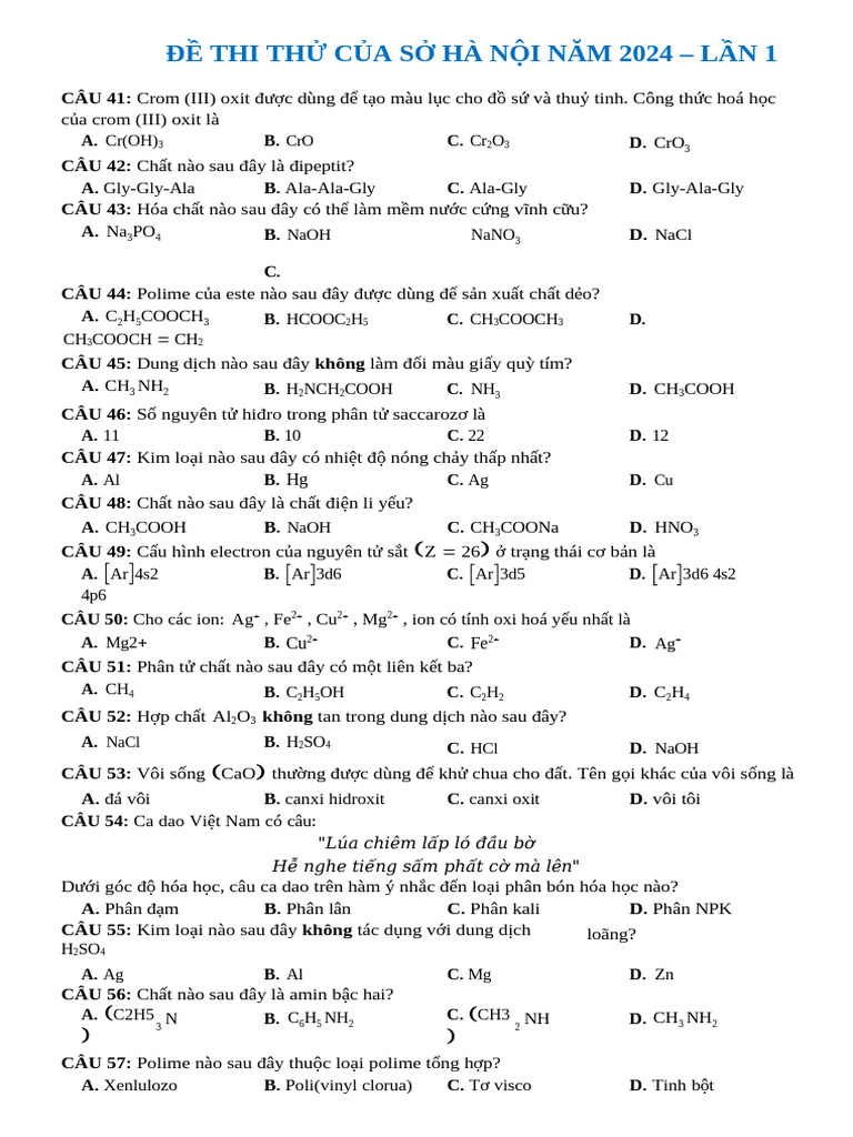 A. đề thi thử sở HN 2024 | PDF