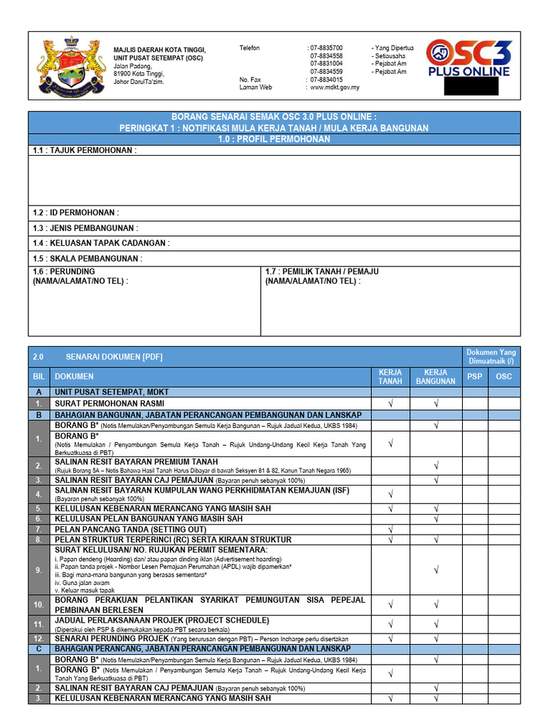 Borang Senarai Semak Osc 3 0 Plus p1 Notifikasi Mula Kerja Tanah | PDF
