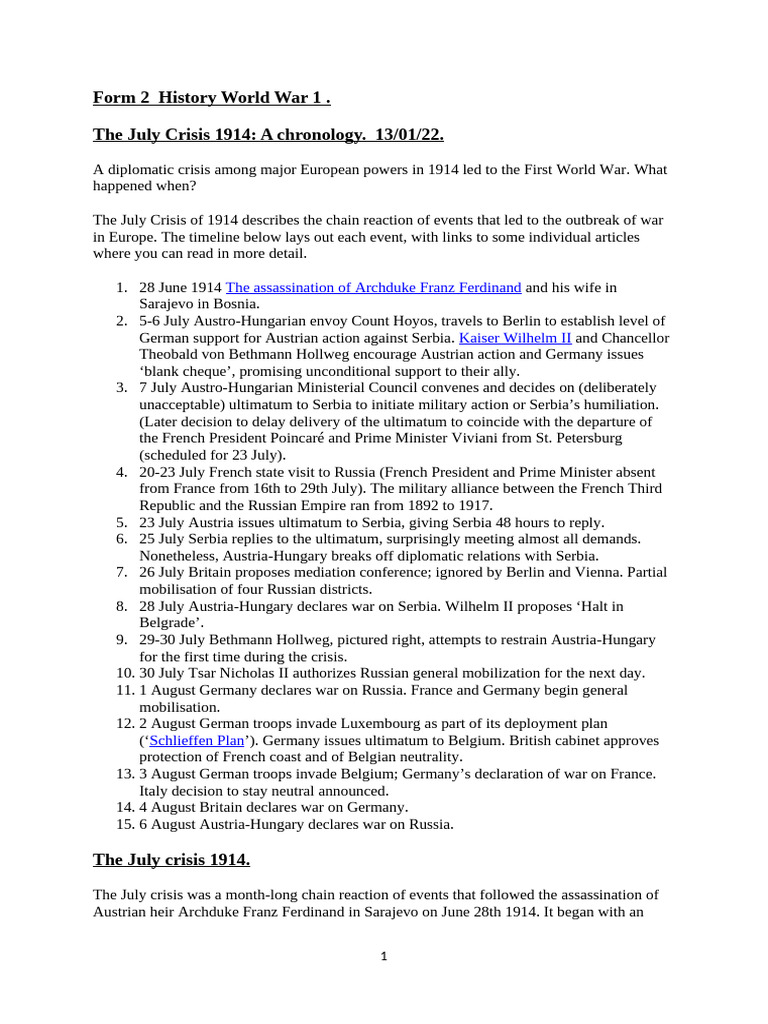 Form 2 History World War 1 | PDF