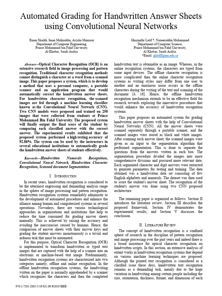 Automated Grading For Handwritten Answer Sheets Using Convolutional Neural Networks | PDF