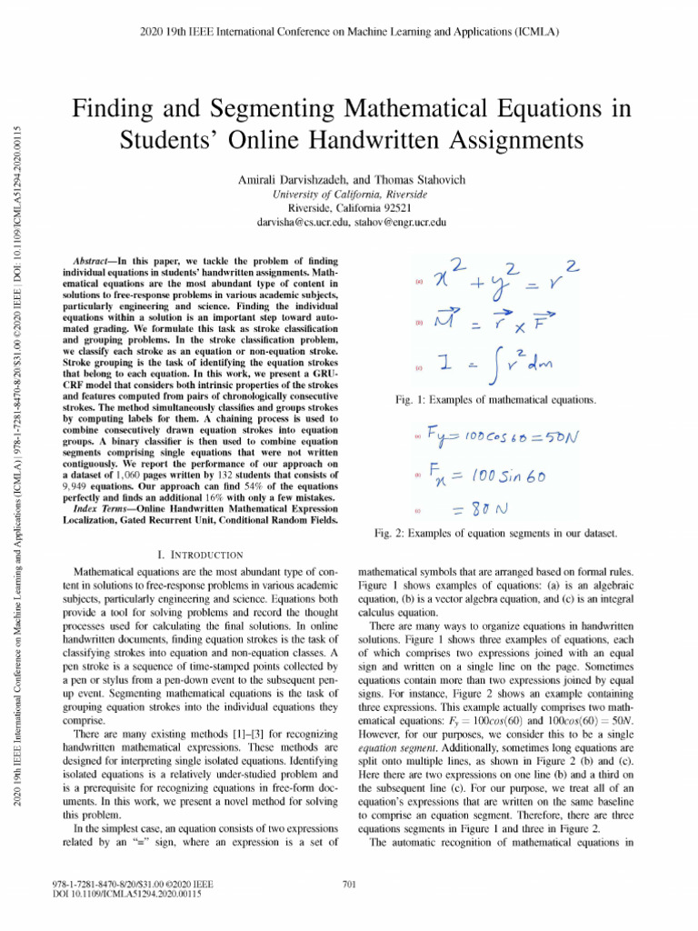 Finding and Segmenting Mathematical Equations in Students- Online Handwritten Assignments | PDF