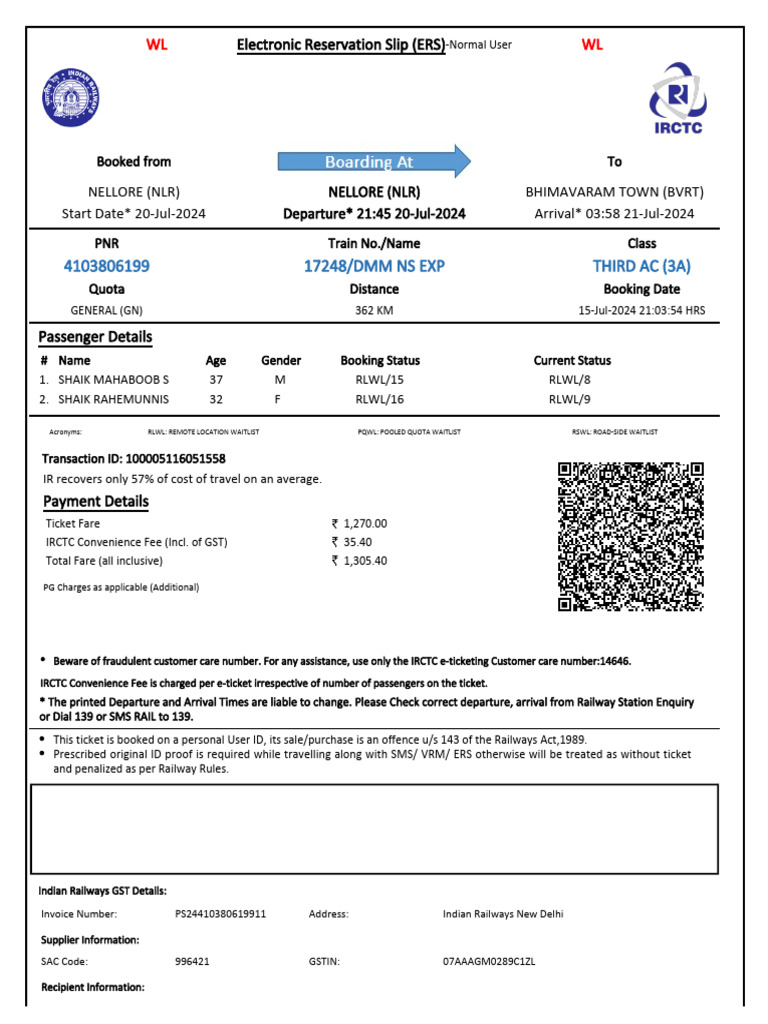17248/DMM NS EXP Third Ac (3A) : WL WL | PDF