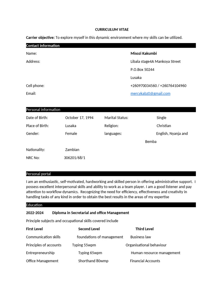 Contact Information: Curriculum Vitae Carrier Objective | PDF