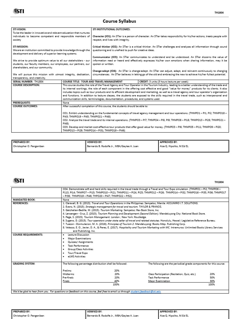 TH1804 Syllabus and Course Outline (Tour & Travel MGT) | PDF