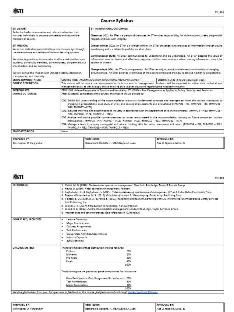 TH1801 Syllabus and Course Outline (Accommodation Operations MGT) | PDF