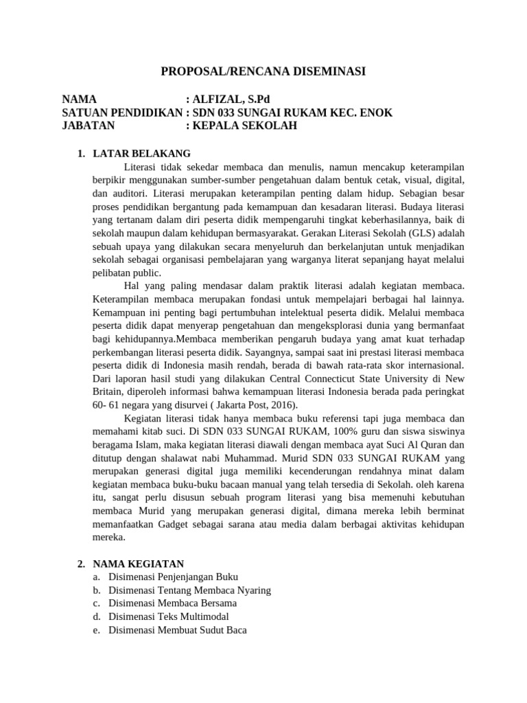 PROPOSAL ATAU RENCANA KEGIATAN ALFIZAL, S.PD SDN 033 SUNGAI RUKAM | PDF