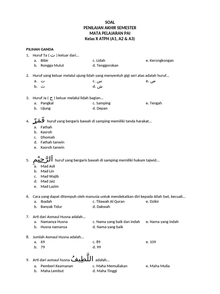 Soal PAS PAI Semester 1 2018-2019 | PDF